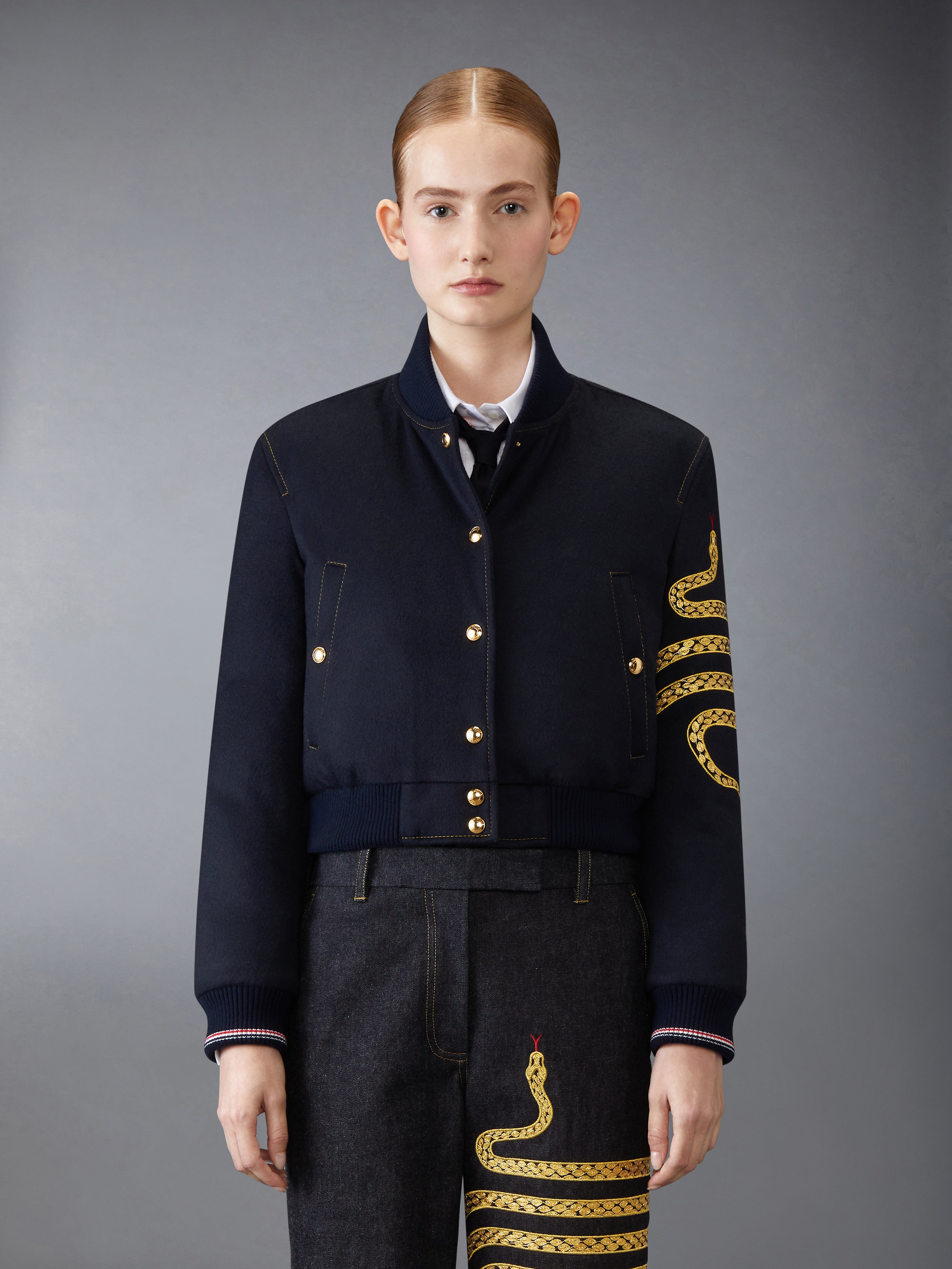 Cropped Downfill Varsity Jacket W/ Radial Cornelly And Satin Stitch ...